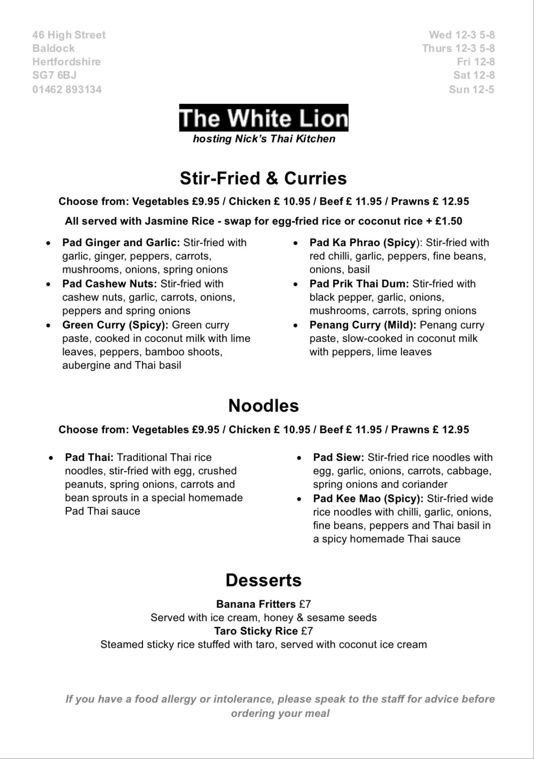 Menus - White Lion Baldock