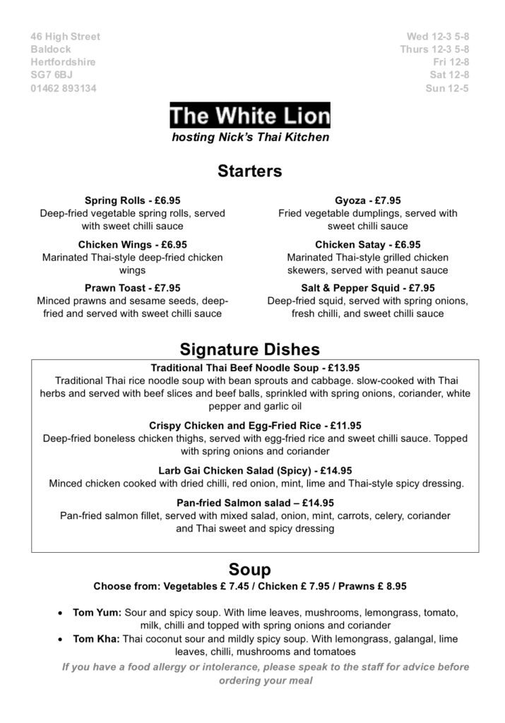 Menus - White Lion Baldock